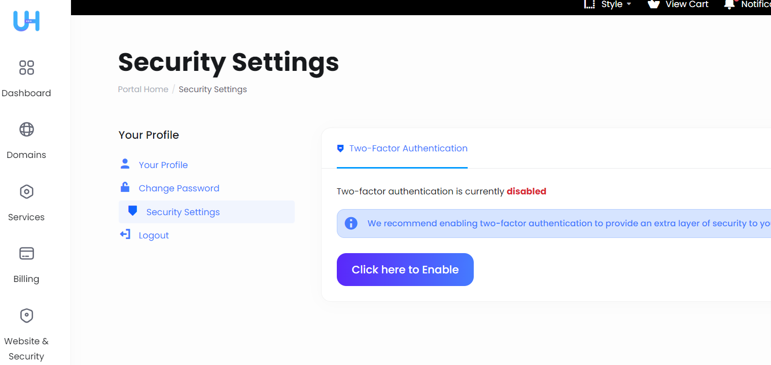 Enable / Disable Two Factor Authentication (2FA) | Ultahost Knowledge Base